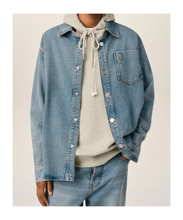 AMI Paris Blue Cotton Overshirt With De Coeur