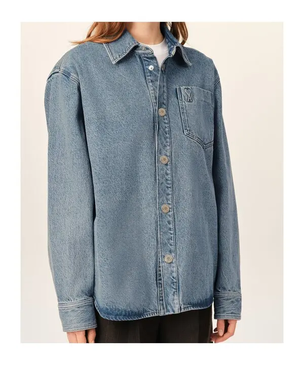 AMI Paris Blue Cotton Overshirt With De Coeur