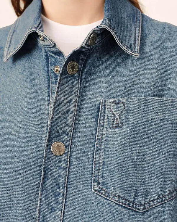 AMI Paris Blue Cotton Overshirt With De Coeur