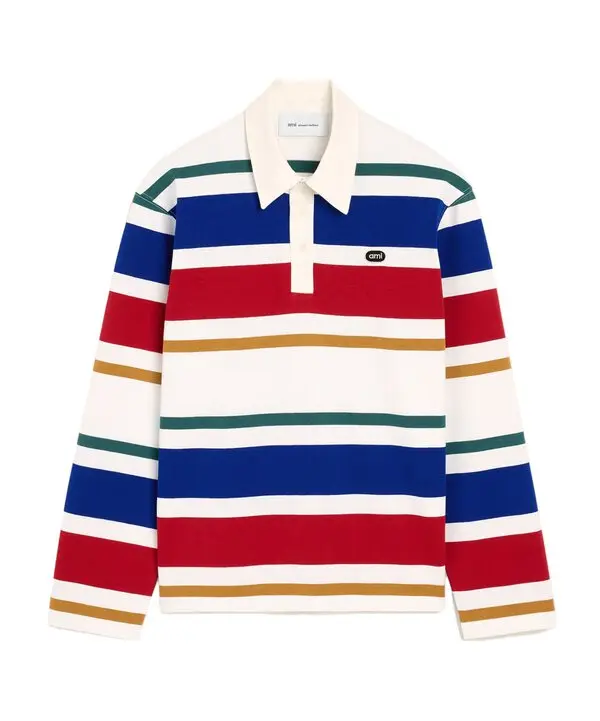 AMI Paris Multicolor Striped Cotton Polo With Patch - White/blue/red