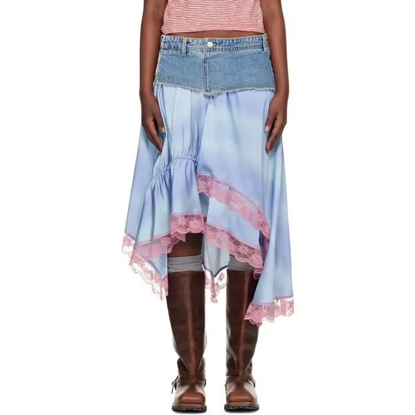 Andersson Bell Denim Patchwork Lace Trim Midi Skirt