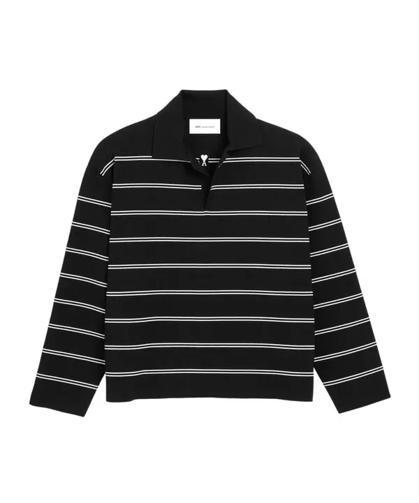 AMI Paris Black Striped Cotton Polo With Patch - Black/white