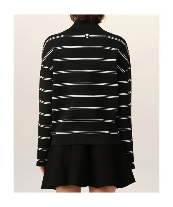 AMI Paris Black Striped Cotton Polo With Patch