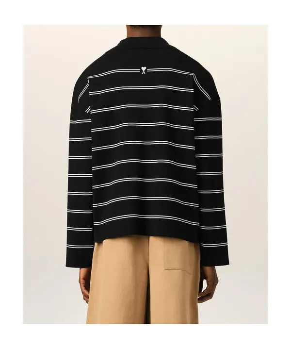 AMI Paris Black Striped Cotton Polo With Patch