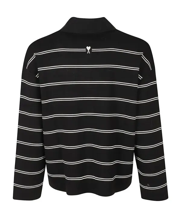 AMI Paris Patch Striped Polo Shirt - Black/white