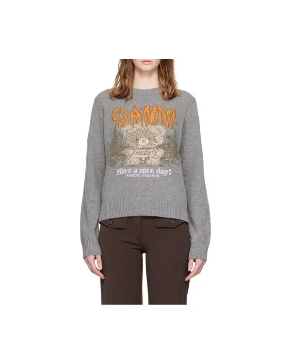 GANNI Teddy Intarsia Knitted Jumper - Grey