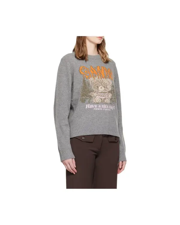 GANNI Teddy Intarsia Knitted Jumper - Grey