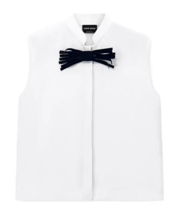 Giorgio Armani Shirt Sleeveless Mandarin Collar Silk Cady Detachable Brooch - White