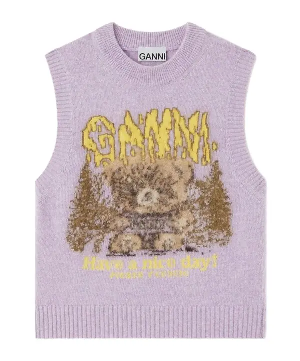GANNI Vest With Forest Teddy Print - Thistle