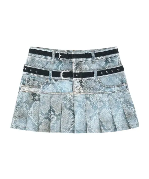 Andersson Bell Python Print Faded Denim Mini Skirt