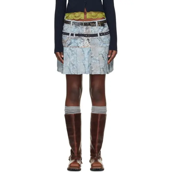 Andersson Bell Python Print Faded Denim Mini Skirt