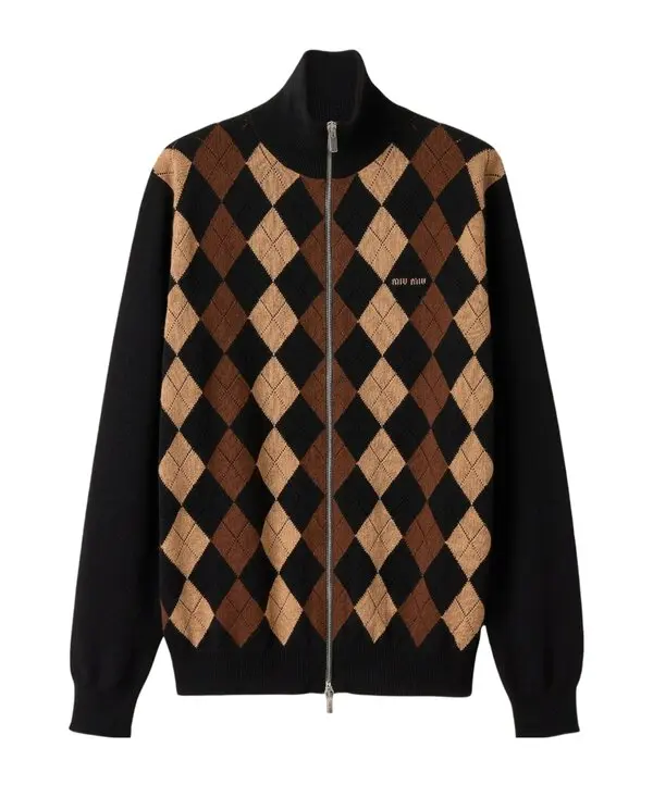 Miu Miu Argyle Zip Up Cardigan - Black