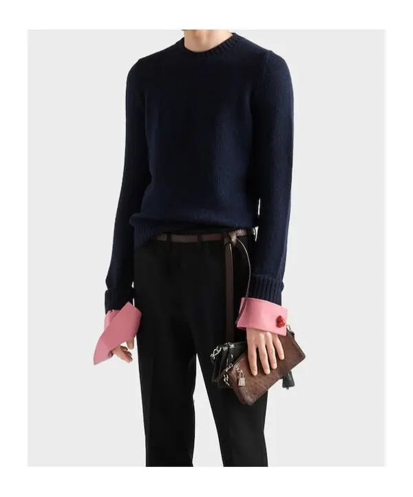 Prada Shetland Wool Crew-neck Sweater With Removable Cuffs - Navy Blue