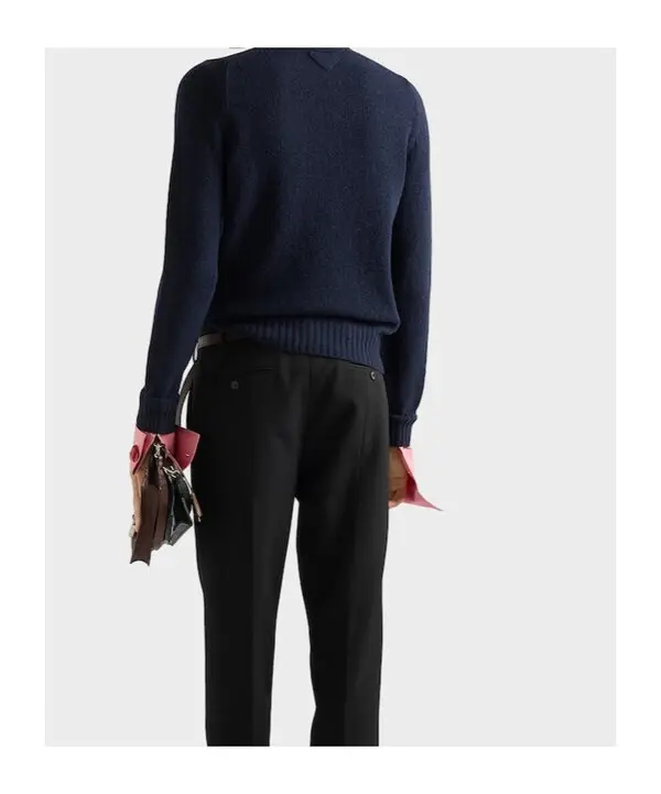 Prada Shetland Wool Crew-neck Sweater With Removable Cuffs - Navy Blue