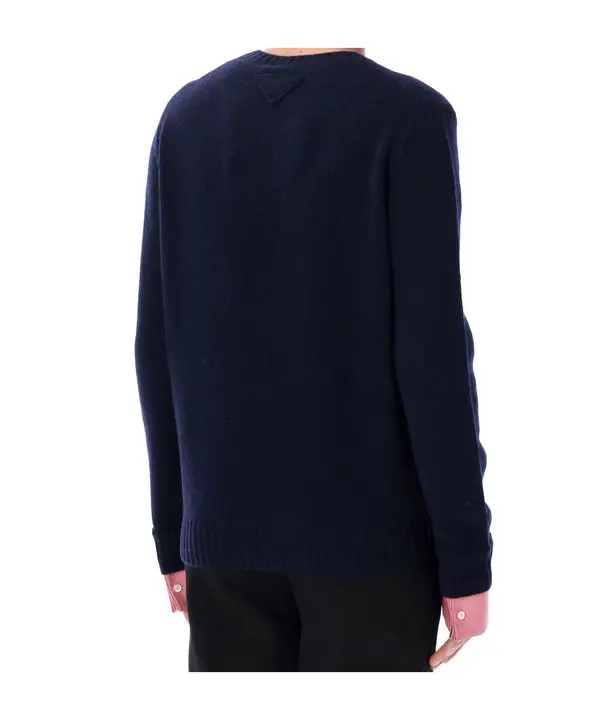 Prada Shetland Wool Crew-neck Sweater With Removable Cuffs - Navy Blue