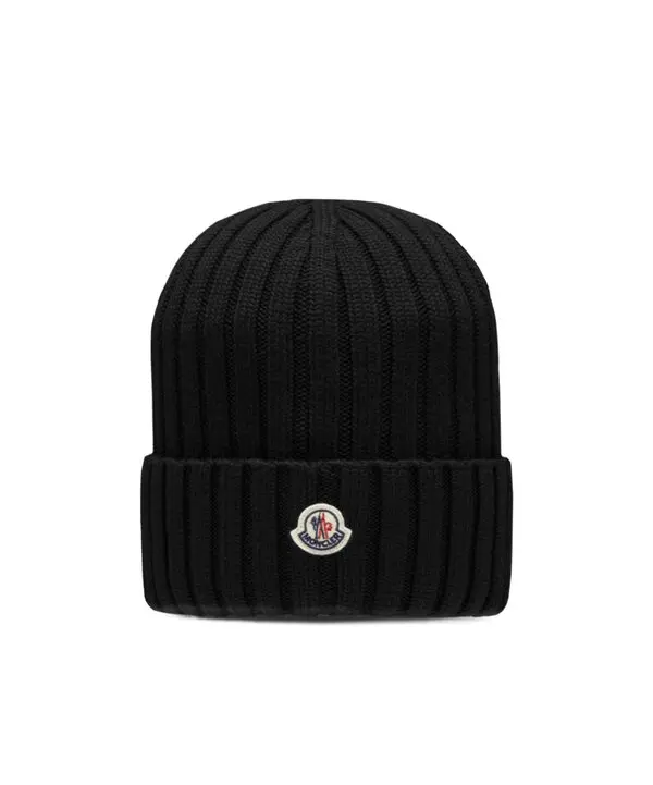 Moncler Ribbed Knit Logo Beanie - Black