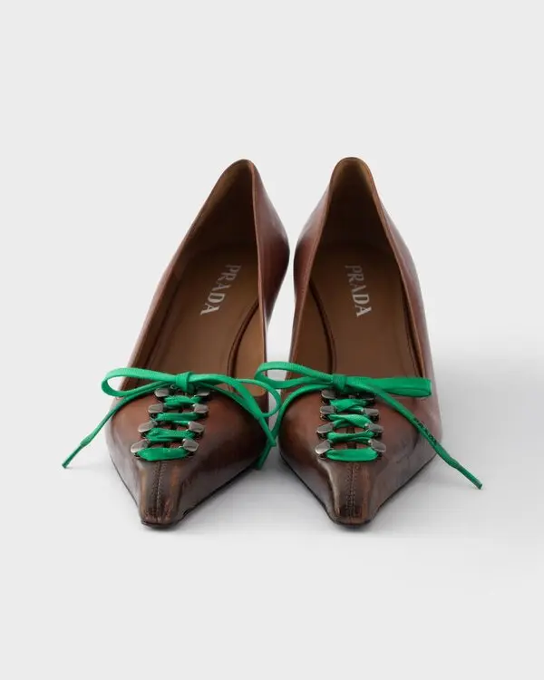 Prada Antiqued Leather Lace-up Pumps