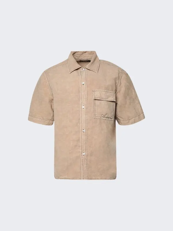 Amiri Script Linen Gd Pkt Ss Shirt Earth