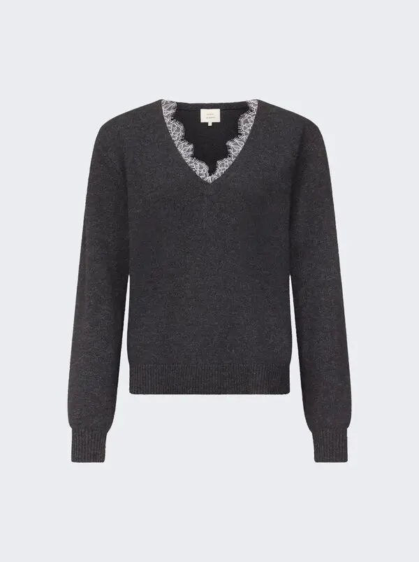 Loulou De Saison Leyla Cashmere Sweater With Lace Trim - Charcoal