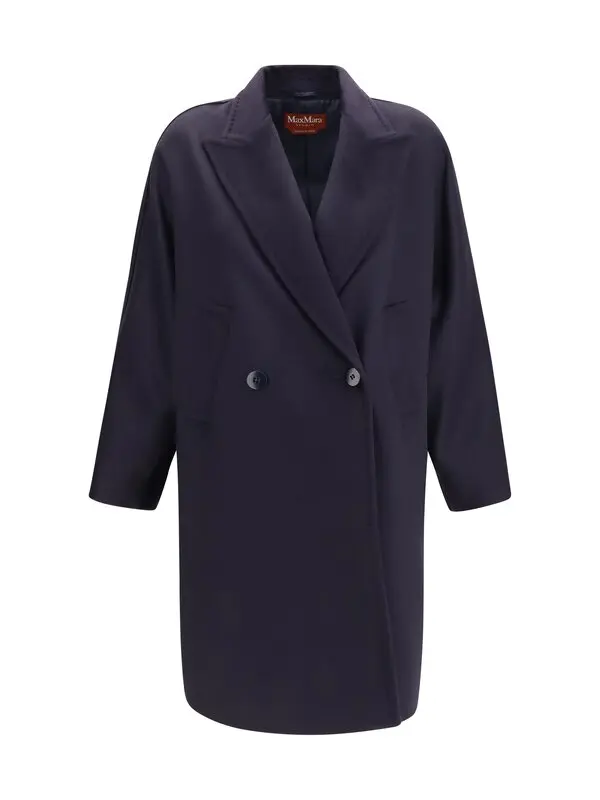 Max Mara Double Breasted Wool Drape Coat - Blue