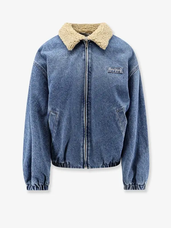 Miu Miu Denim Jacket With Faux Fur Collar And Logo Patch - Multicolor