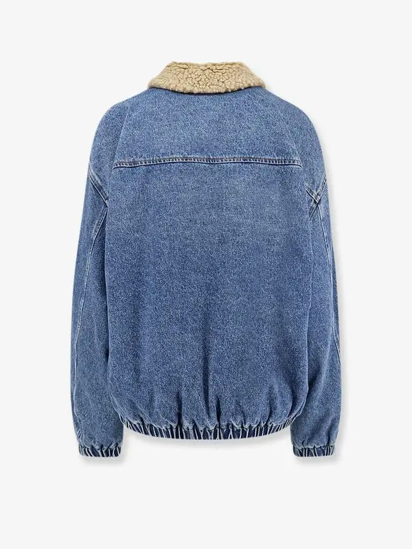 Miu Miu Denim Jacket With Faux Fur Collar And Logo Patch - Multicolor