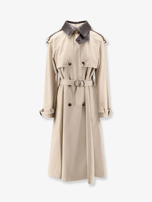 Dior Beige Cotton And Silk Blend Trench Coat With Leather Collar - Cream