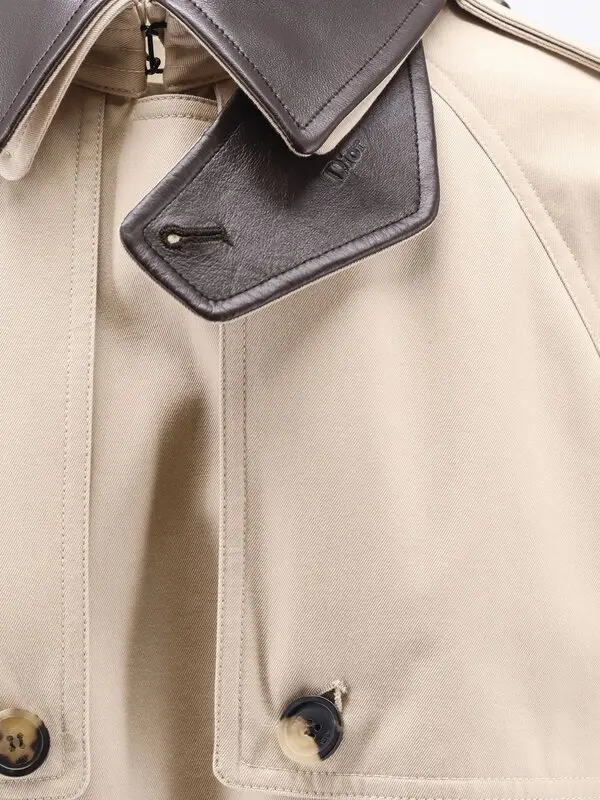 Dior Beige Cotton And Silk Blend Trench Coat With Leather Collar