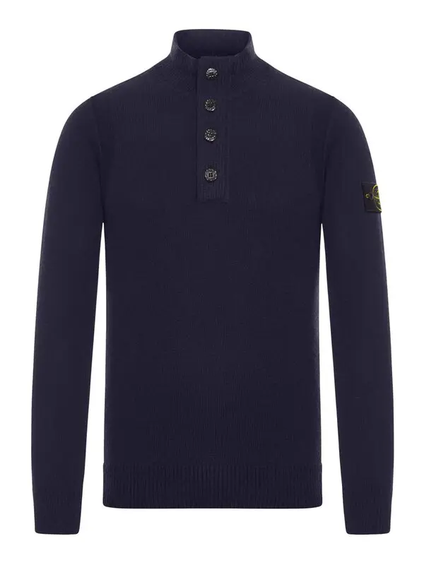 Stone Island Lambswool Sweater With Mock Neck And Button Detail