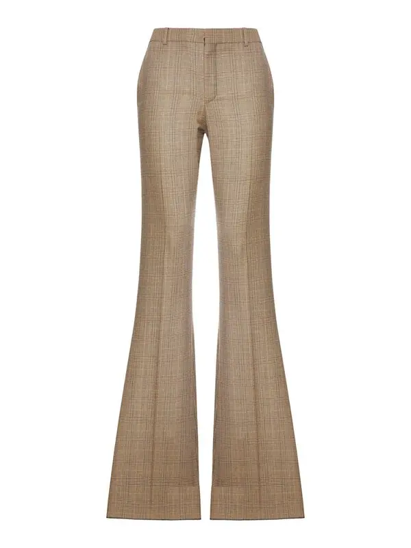 Saint Laurent Prince Of Wales Flared Trousers In Prince Of Wales Houndstoned Wool - Brown