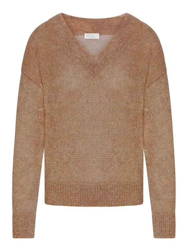 Brunello Cucinelli Half Rib Cotton Sweater With Sequins - Brown