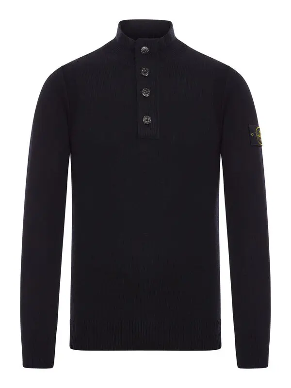 Stone Island Regular Fit Sweater With Short Zip And Button Detailing - Black