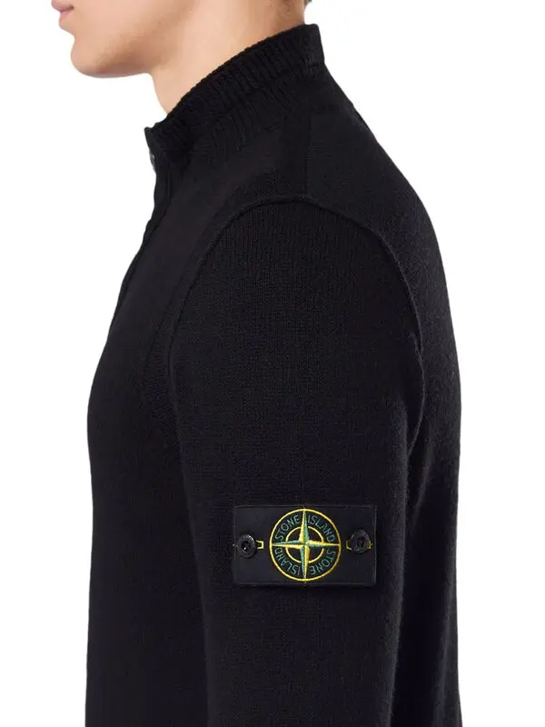 Stone Island Regular Fit Sweater With Short Zip And Button Detailing - Black