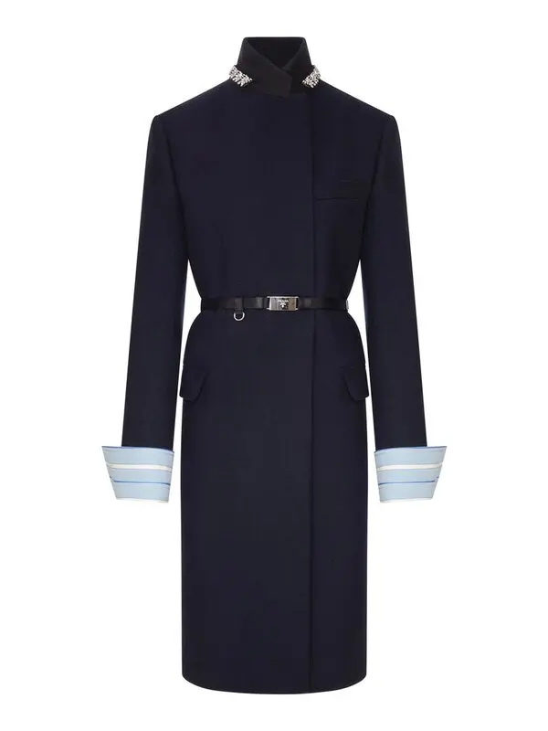 Prada Long Wool Coat With Jewel Collar - Blue