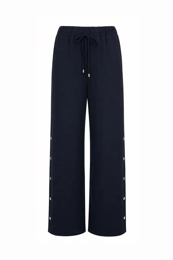 EXQUISE Navy Blue Wide Leg Pants With Metallic Button Detail - Black