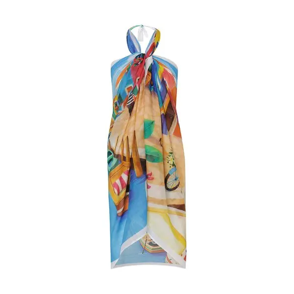 DHARA SHETH, DUBAI Mediterranean Escape Resort Halter-style Cotton Sarong & Multicolor - Blue