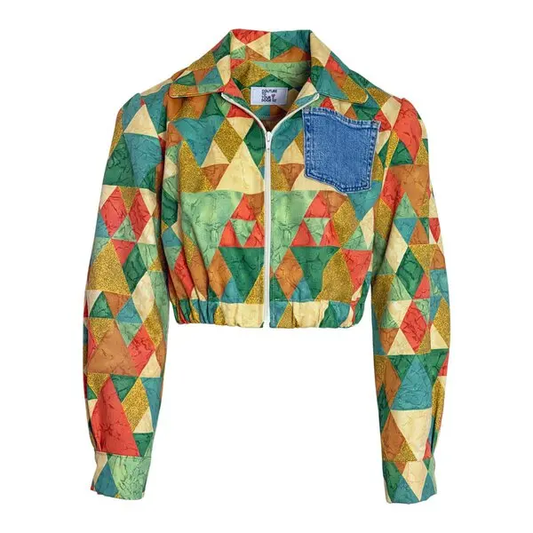 COUTURE TO YOUR DOOR Gold / Black Abstract Harlequin Upcycled Cropped Jacket - Gold/black