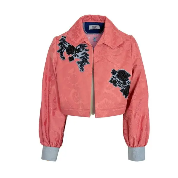 COUTURE TO YOUR DOOR Pink / Blue Pink Brocade Upcycled Denim Jacket - Pink/blue