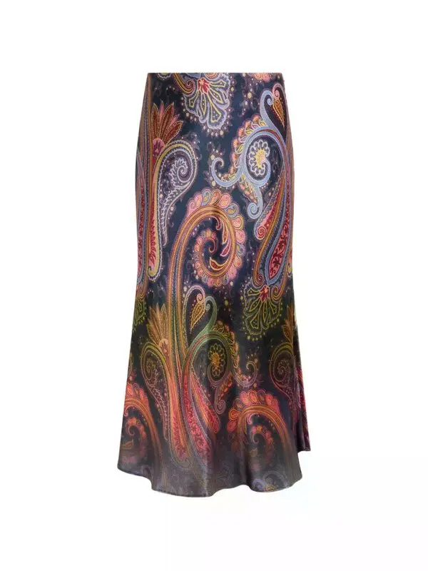 Etro Envers Satin Midi Skirt With Placed Degradé Paisley Print - Blue