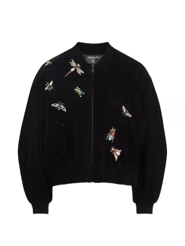 Balmain Velvet Bomber Jacket With Insect Appliqués - Black