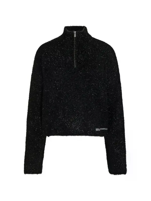 Karl Lagerfeld Fluffy Knit Half-zip Sweater With Metallic Accents - Black