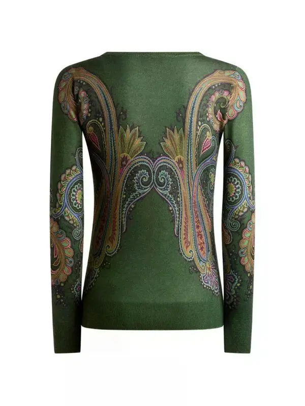 Etro V-neck Silk And Cashmere Sweater With Placed Paisley Print - Green