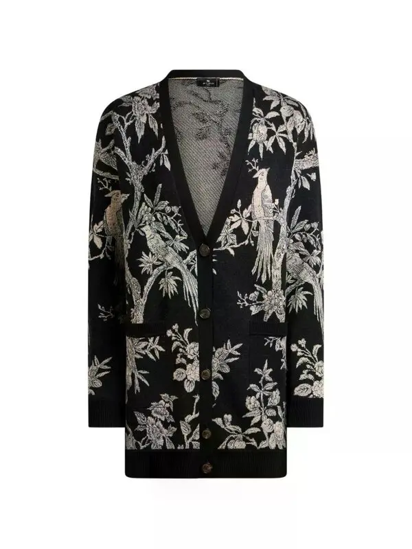 Etro Wool-blend Jacquard Cardigan With Nature Motif - Black