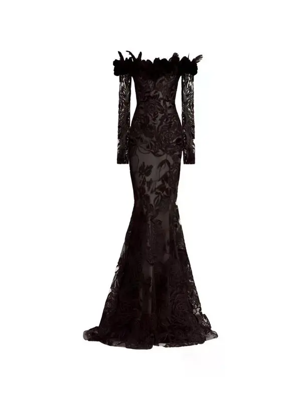 GEMY MAALOUF Off-the-shoulder Feathered Lace Gown