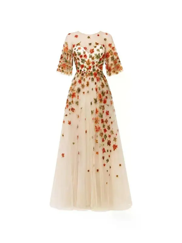 GEMY MAALOUF Leaf-embroidered Open-back Gown - Neutrals