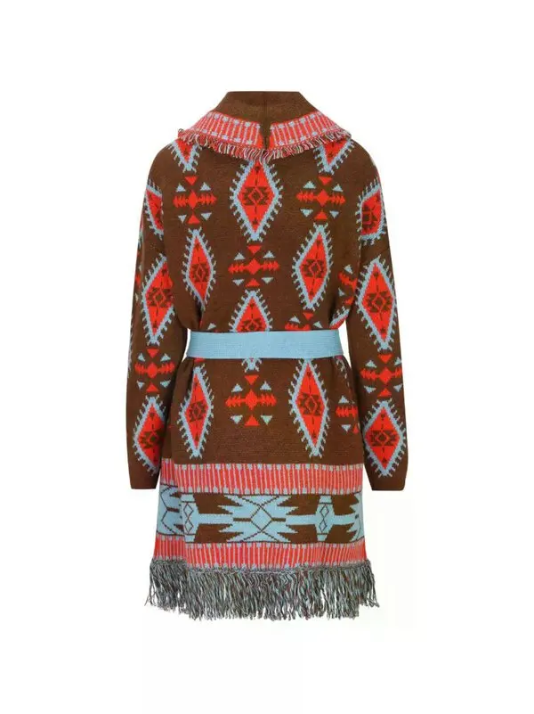 COLOUR MARKET Geometric Pattern Fringed Cardigan - Brown