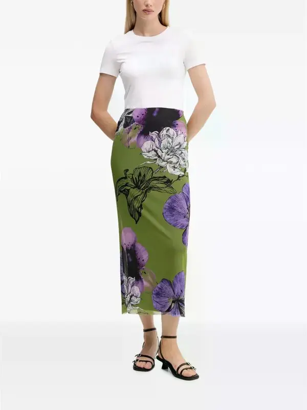 Desigual Floral Print Midi Skirt - Green