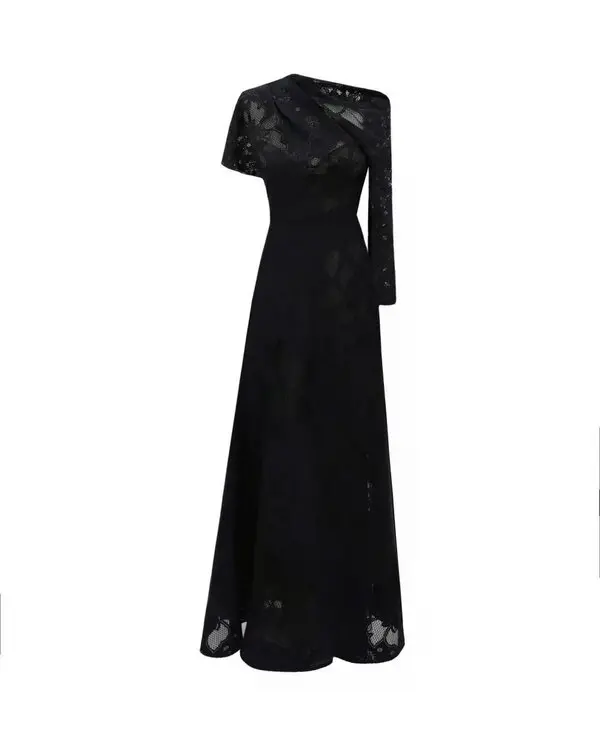 GEMY MAALOUF Asymmetrical Neckline Lace Overlay Dress - Black