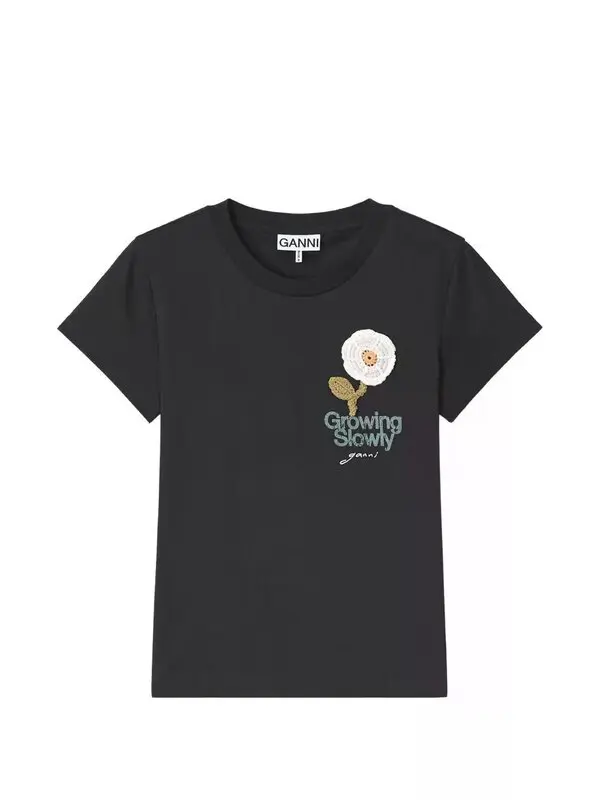GANNI Crochet-patch Logo-print T-shirt - Black