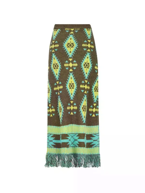 COLOUR MARKET Fringed Intarsia-knit Maxi Skirt - Green